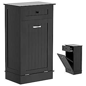 Visionwards Tilt Out Trash Cabinet Bin, Wooden, Dog Proof Garbage Can Holder, Kitchen Island with Laundry Hamper, Black