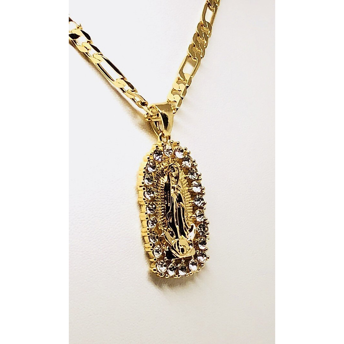 Gold Plated Virgin Mary Pendant Necklace Figaro 26" Virgen de Guadalupe Medalla Oro Laminado