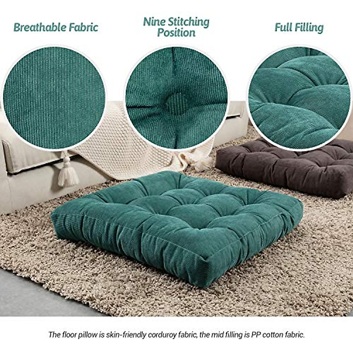 HIGOGOGO Floor Pillow, Square Meditation Pillow for Seating on Floor Solid Thick Tufted Seat Cushion Meditation Cushion for Yoga Living Room Sofa Balcony Outdoor, Dark Green, 22x22 Inch