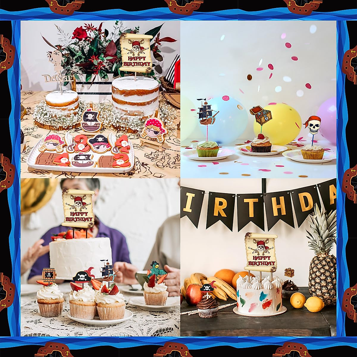 CAILESS Birthday Party Decorations - Pirates Birthday Party Decorations 103Pcs, Included Pirates Theme Banner Cake Toppers 12'' Latex Balloons Swirls Decor Pirates Foil Balloons for Pirates Party