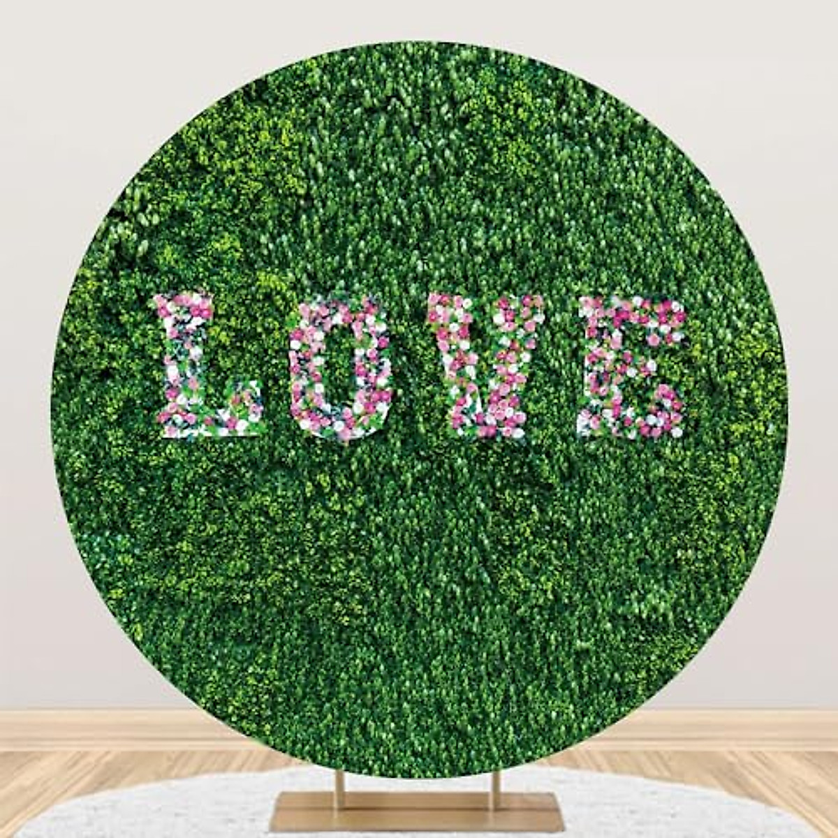 AWERT Polyester Diameter 5ft Round Green Leaf Wall Backdrop with Love Font Wedding Ceremony Bridal Shower Valentine's Day Mother's Day Photography Background Baby Shower Decoration Supplies