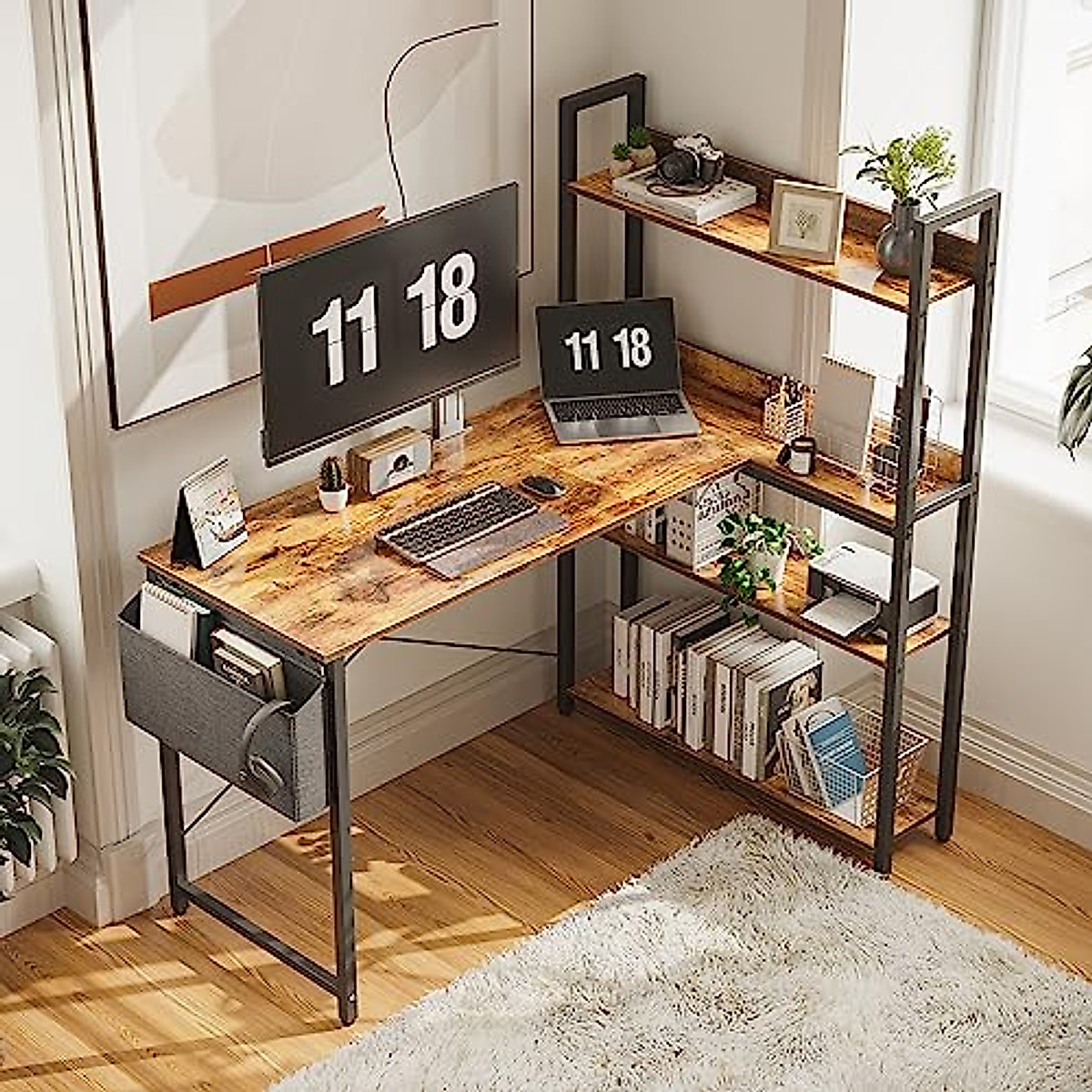 SiliBamb 47 Inch Computer Desk for Home Office, Small L Shaped Desk with Shelves, Corner Desk with Storage, Home Office Desks, Writing Study Desk, Brown