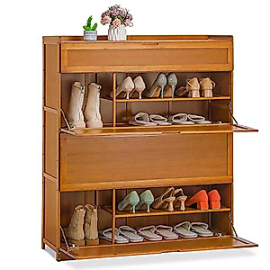 MoNiBloom Bamboo 7 Tier Shoe Storage Cabinet with Pull-Down Doors for Heels Sneakers Shoes Rack Organizer for 36-40 Pairs Entryway Hallway Living Room, Brown