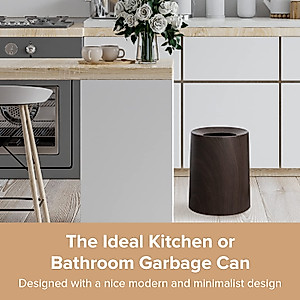 Spill Proof Kids Pet Friendly Garbage Can - Dark Walnut Wood Color Trash Bin - Top Indoor Outdoor Office Bedroom Bathroom - 3.2Gal - Patio Bar Loft Den - Round Designer Waste Basket - 10inx10inx12in