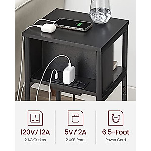 VASAGLE Side Table with Charging Station, 3-Tier End Table with USB Ports and Outlets, Nightstand for Living Room, Bedroom, 11.8 x 13.4 x 22.8 Inches, Plug-in Series, Black