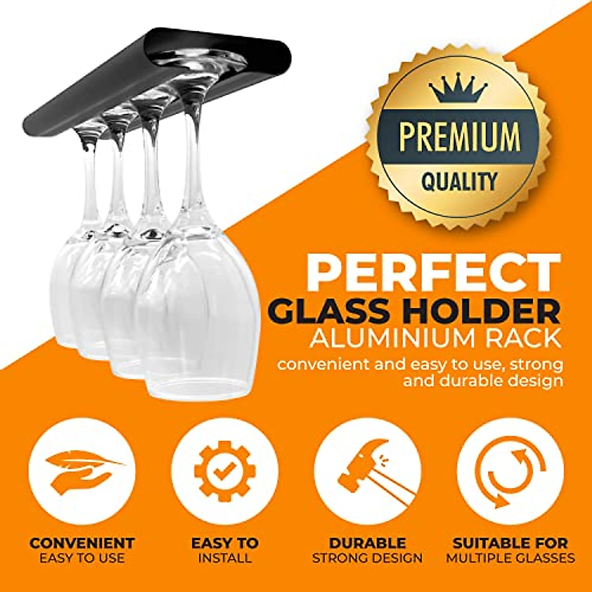 AA Brothers Aluminum Wine Glass Rack 2 Pack, Under Cabinet Wine Glass Holder, Under Shelf Mounted Stemware Rack for Bar Kitchen, Hanging Stemware Rack Organizer Hanger, Black