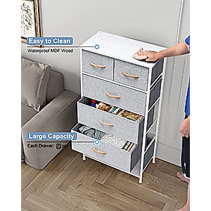 Crestlive Products Vertical Dresser Storage Tower - Sturdy Steel Frame, Wood Top, Easy Pull Fabric Bins, Wood Handles - Organizer Unit for Bedroom, Hallway, Entryway, Closets - 6 Drawers (Light Grey)