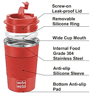 WETOWETO 12oz Reusable Coffee Cup, Coffee Travel Mug with Lid, Spill Proof Thermal Mug, Double-Walled Insulated Cup, Stainless Steel Portable Cup for Hot and Cold Drinks(Red)