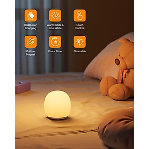 EASEMO Night Light for Kids Room, Baby Night Light with Touch Control, Rechargeable Magnetic Nursery Lamp with RGB Color & Stepless Dimming with 1 Hour Timer for Breastfeeding Bedroom, Child Gifts