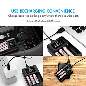 Tenergy TN474U 4-Bay NiMH/NiCD Battery Charger with LCD Display and USB Input, Portable Charger for AA/AAA NiMH and NiCD Batteries