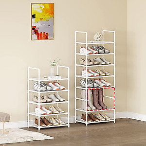 Vockot 5 Tier Stackable Small Shoe Rack，Narrow Sturdy Shoe Shelf Organizer, Non-Woven Fabric Metal Free Standing Shoe Racks for Entryway, Doorway and Closet（White）