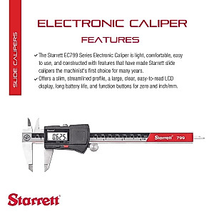 Starrett Stainless Steel Electronic Slide Caliper - 0-6" Range, 0005" Resolution, LCD Display, Fine Adjustment Thumb Wheel, in/mm Conversion - EC799A-6/150