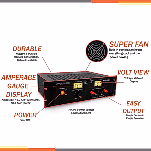 PYRAMID PS52KX 46 Amp Power Supply with Built-In Cooling Fan, 21.18, 7.95