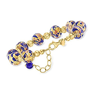 Ross-Simons Italian Blue Murano Glass Bead Bracelet in 18kt Gold Over Sterling. 7 inches
