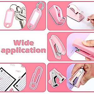 10 Piece Pink Desk Accessory Kit Includes Stapler with Staples Tape Dispenser Staple Remover Single Hole Punch Paper Clips Scissors Tape Measure Small Telescopic Knife Cute Office Desk Accessories