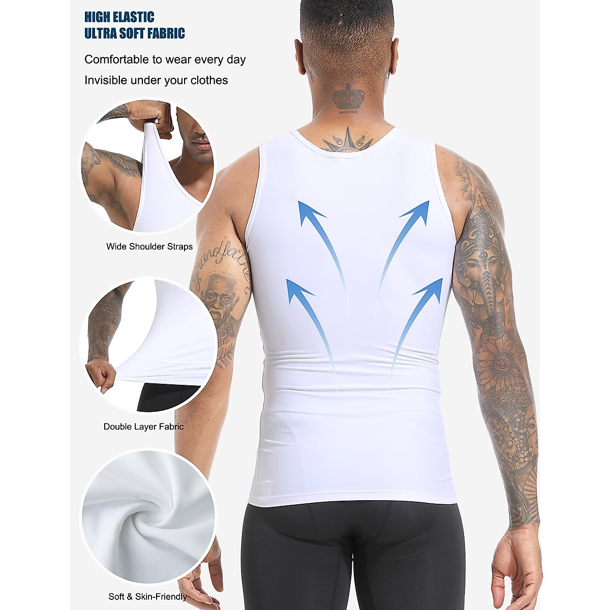 Mens Slimming Body Shaper Vest, Gynecomastia Compression Shirt Shapewear, Abs Abdomen Undershirts, Tummy Control Tank Top White