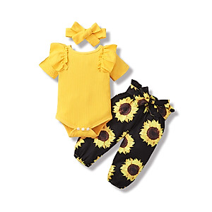 veikimous Infant Baby Girl Clothes Baby Girl Sunflower Outfits Ruffle Romper Long Floral Pants Cute Baby Clothes Girl Yellow 3-6 Months
