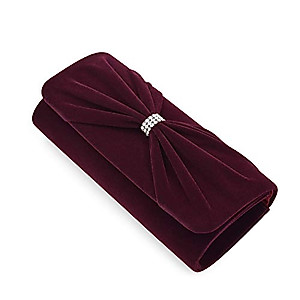 Elegant Rhinestone Bow Front Velvet Clutch Evening Bag Handbag, Burgundy