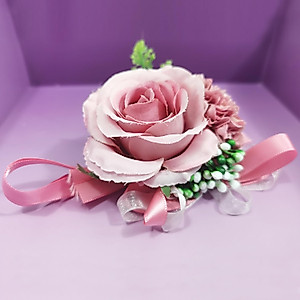 Axnhbubu 4Pcs Bridesmaid Purple Wrist Corsage Bracelet Wristlet Band Bridal Dusty Rose Corsage Girl Women Hand Flowers Boutonnieres for Wedding Prom Party Decorations