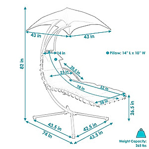 Sunnydaze Floating Chaise Lounger Swing Chair with Umbrella Canopy - Curved Steel Hammock Lounge Chair with Cushion and Pillow - Removable Cushion and Umbrella Shade - 82-Inch Tall - Beige