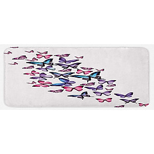 Ambesonne Navy and Blush Kitchen Mat, Various Butterflies Flying Together Spring Summer Nature Inspired, Plush Decorative Kitchen Mat with Non Slip Backing, 47" X 19", Purple White