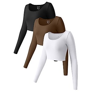 OQQ Women's 3 Piece Crop Tops Long Sleeve Round Neck Stretch Fitted Underscrubs Shirts Crop Tops Black Coffee White