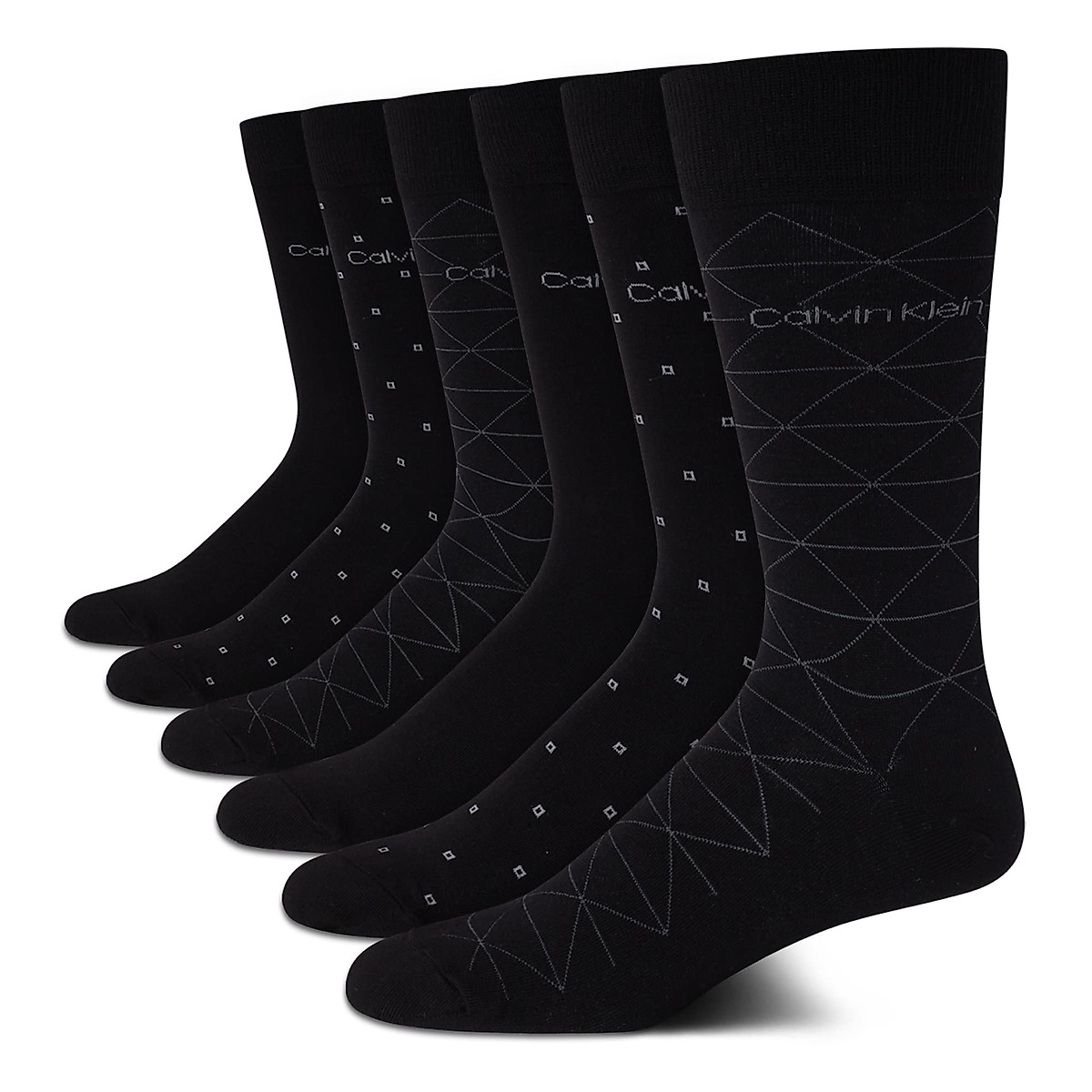 Calvin Klein Men's 6 Pack Mixed Pattern Dress Socks, Size 4-12, Black Assorted