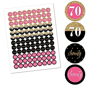 Big Dot of Happiness Chic 70th Birthday - Pink, Black and Gold - Round Candy Sticker Favors - Labels Fit Chocolate Candy (1 sheet of 108)