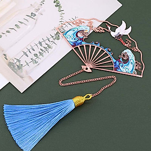 Bookmark Retro Folding Fan Bookmarks Metal White Crane Flying Over The Waves Tassel Bookmark Stationery Book Clip Book Marks Accessories