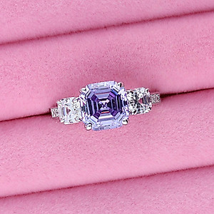 BERRICLE Sterling Silver 3-Stone Wedding Engagement Rings Purple Asscher Cut Cubic Zirconia CZ Statement Cocktail Anniversary Ring for Women, Rhodium Plated Size 8