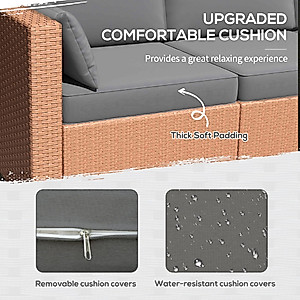 Outsunny Wicker Patio Couch, PE Rattan 3-Seat Sofa, Outdoor Furniture with Deep Seating, Cushions, Steel Frame, Sand