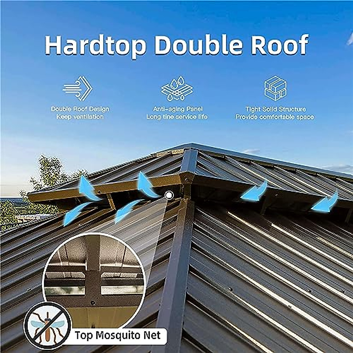 12'x16' Hardtop Gazebo Outdoor Aluminum Wood Grain Gazebos with Galvanized Steel Double Canopy for Patios Deck Backyard,Curtains&Netting