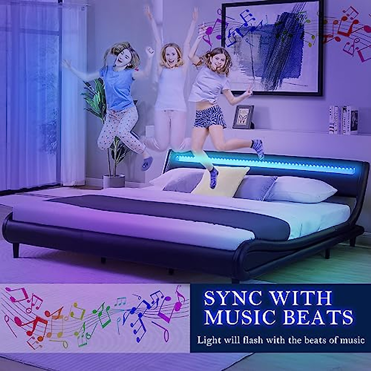 Gustonhon King Size Modern Upholstered Platform Bed Frame with RGB LED Lights Leather Headboard,Faux Leather Wave-Like Low Bed Frame,Strong Wood Slats Support, Easy Assembly(Black, King)