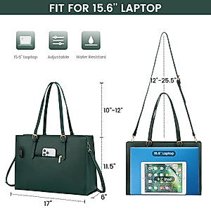 LOVEVOOK Laptop Bag for Women, Fashion Computer Tote Bag Large Capacity Handbag, Leather Shoulder Bag Purse Set, Professional Business Work Briefcase for Office Lady, 2PCs, 15.6-Inch, Deepgreen