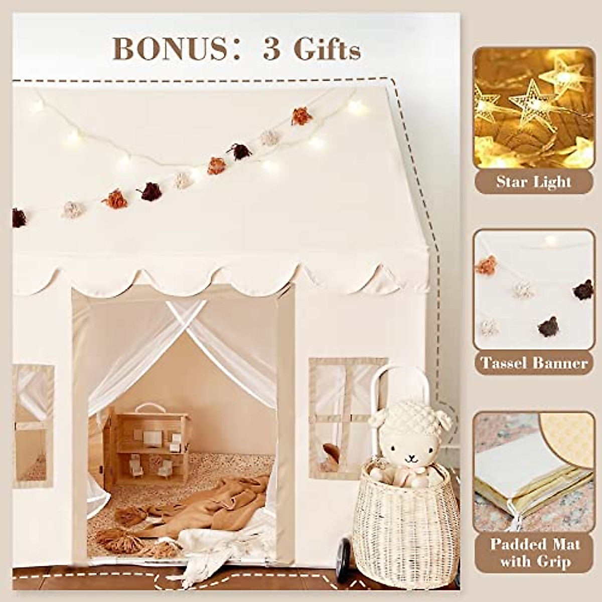 Large Kids Play Tent with Windows, Tassels, Star Light & Padded Mat Kids Tent Playhouse for Kids Indoor & Outdoor Bed Tent for Toddler Toys for Boys Girls Neutral Play Room Furniture, Beige