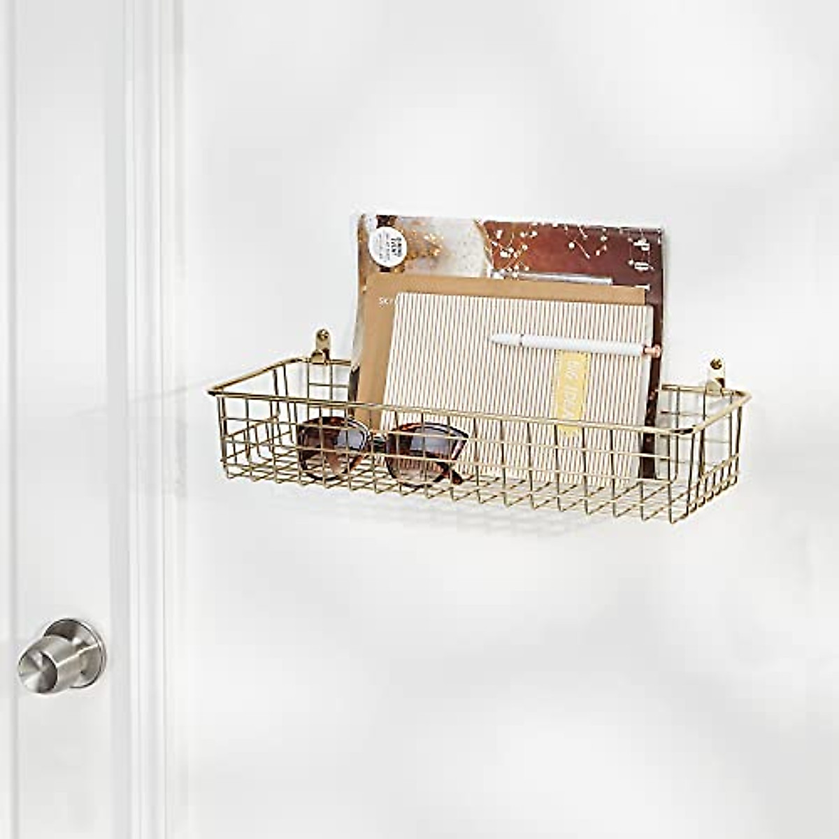 mDesign Wallmount Metal Storage Basket Tray with Handles - Decorative Organizer for Hanging in Entryway, Mudroom, Bedroom, Bathroom, Laundry Room - Small - Hooks Included - Soft Brass
