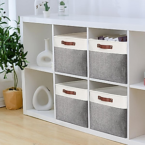 Pulnimus Cube Storage Bins for Shelves - Large 4 Pack 11x11x11 Fabric Storage Basket for Organizing with Handles for Clothes Toy Nursery Gift Laundry Book(White & Grey)