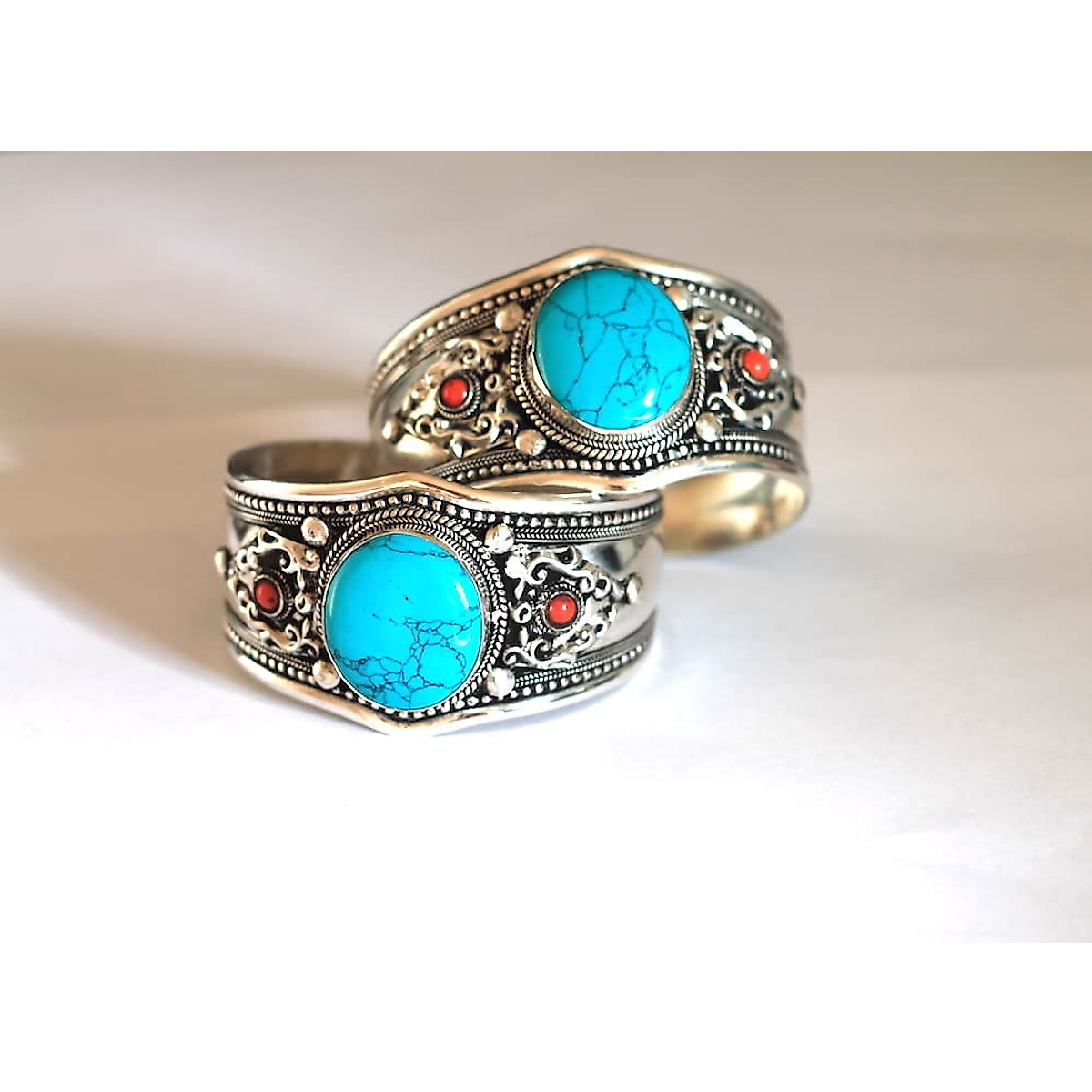 Boho Blue Stabilized Turquoise & Red Coral Adjustable Cuff Bracelet | Unique Jewelry from Nepal