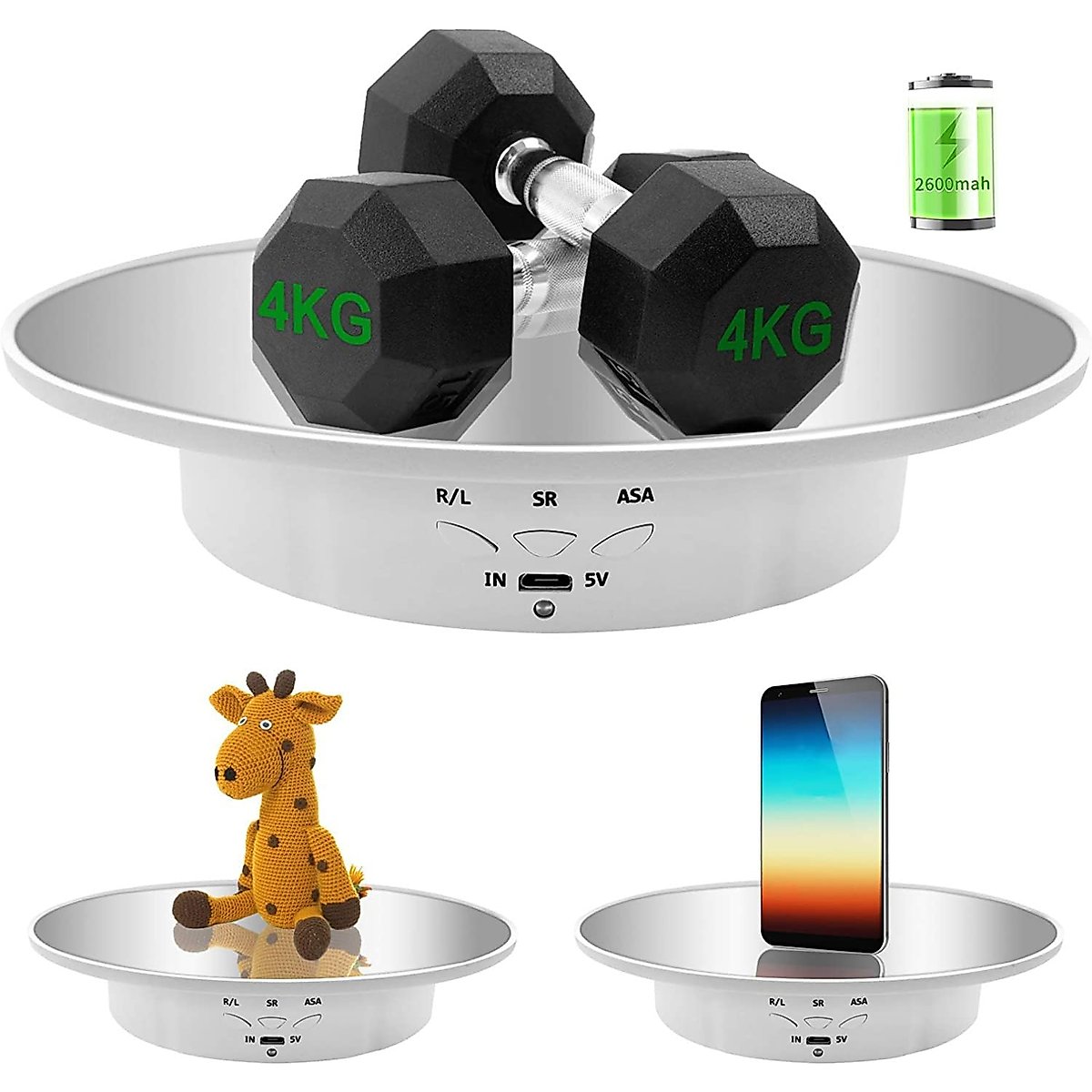 Motorized Rotating Display Stand,7.87inch /17.6LB Load, Mirror Covered 360 Degree Turntable Display Stand for Photography Products and Shows, Max Load 8KG/ 20CM Video Show (White)