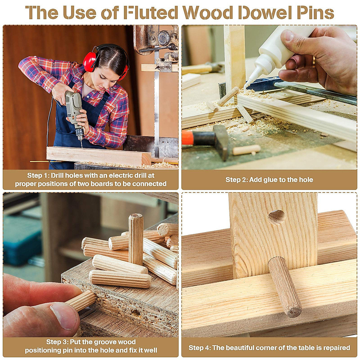 Yookeer 200 Pieces 1/4 x 1.2 Inch Fluted Wood Dowel Pins Wood Kiln Dried Fluted and Beveled Ends Tapered Straight Grooved Pins for Easy Insertion Furniture Door Crafts Projects