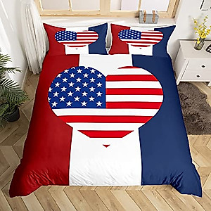 Erosebridal American Flag Duvet Cover Full, Flag Stars Stripes Bedding Set for Children, Independence Day American Flag USA Patriotic Heart Comforter Cover, United States Stripe Red Blue Quilt Cover