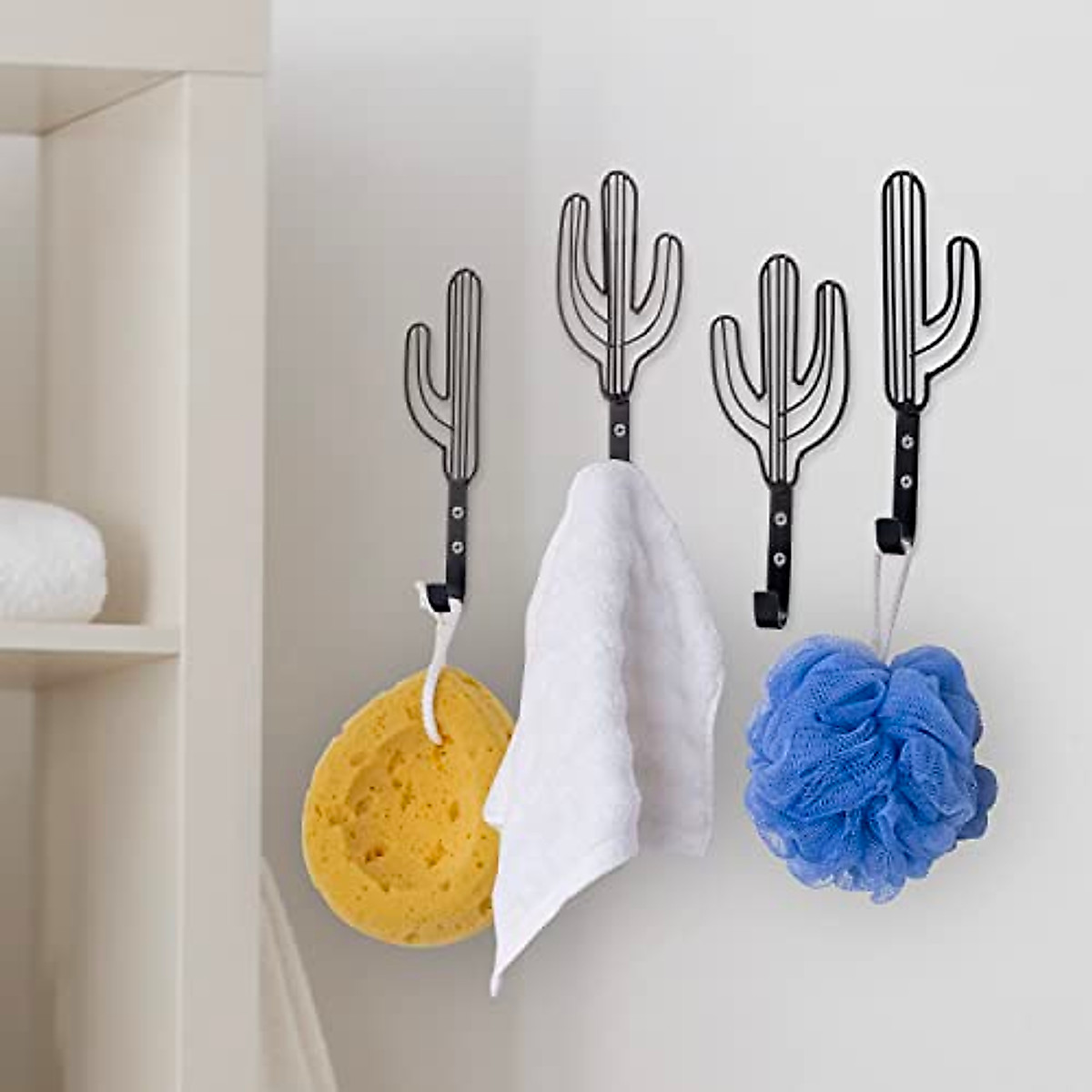 MyGift Wall Mounted Decorative Black Metal Entryway Coat Hooks Saguaro Cactus Shaped Hanging Novelty Hooks, Southwest Style Home Decor, Set of 4