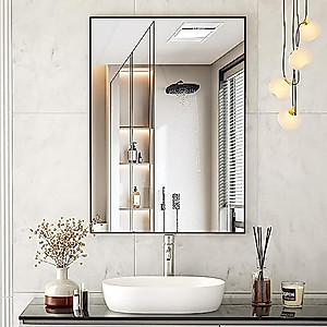 Koonmi 20"x30" Wall Bathroom Mirror, Black Rectangular Wall-Mounted Mirror for Bathroom with Aluminum Alloy Frame Bathroom Mirror Hangs Horizontal or Vertical Ideal for Bedroom Living Room