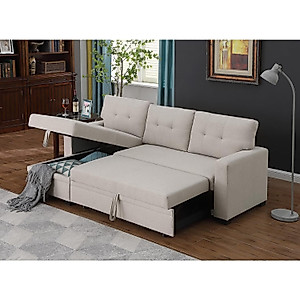 HomeStock City Chic L-Shaped Fabric Reversible, Easy Convertible Pull-Out Sleeper Sectional Sofa/Storage Chaise with Tufted Back Cushions and Track Arms-Beige