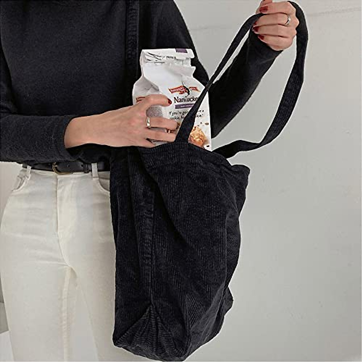 YINUO Women’s Corduroy Tote Bag, Casual Handbags Big Capacity Shoulder Shopping Bag with 2 Pockets (Black)