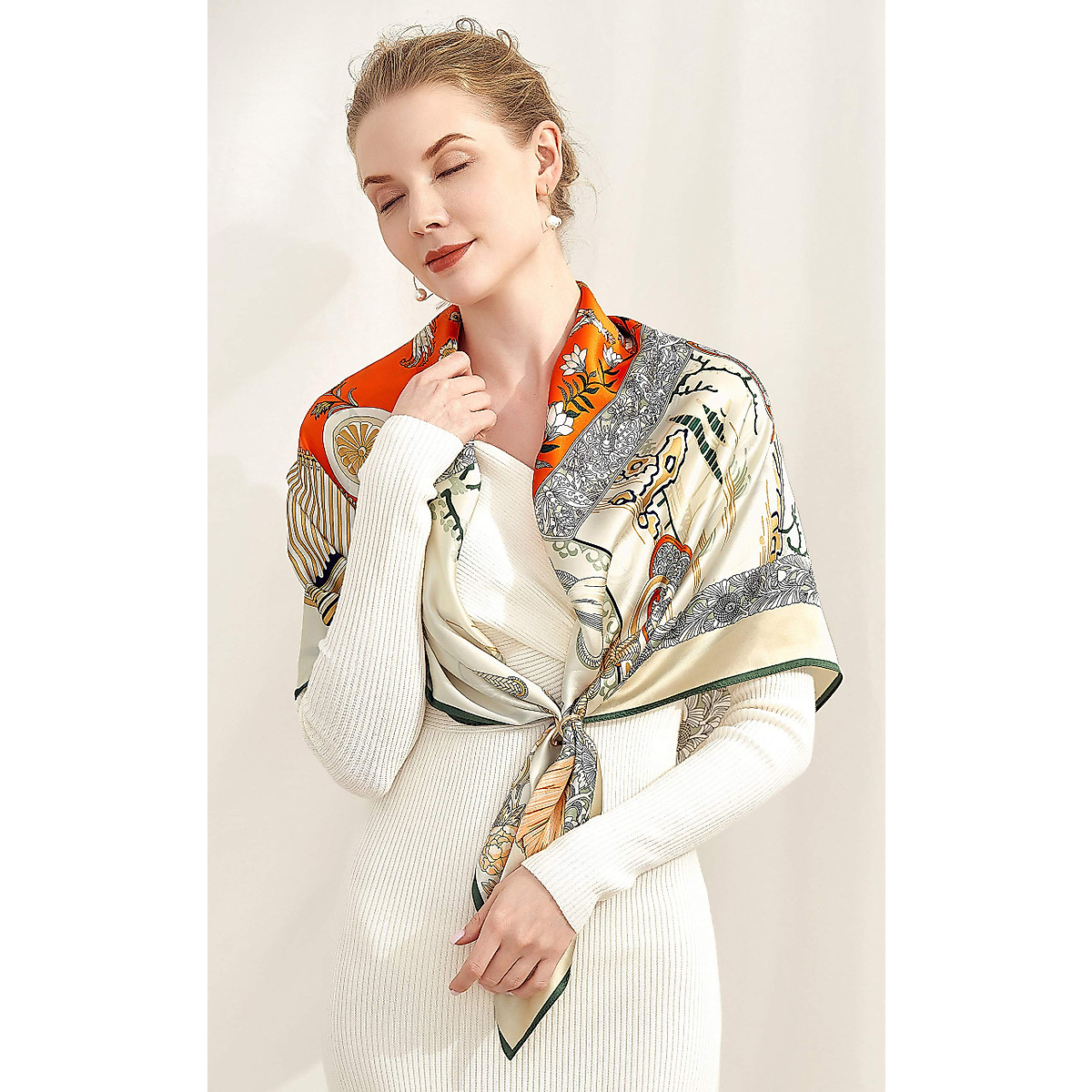 Grace Scarves 100% Silk Scarf, Extra-Large, Emperor's Phoenix, Ivory w Green Trim