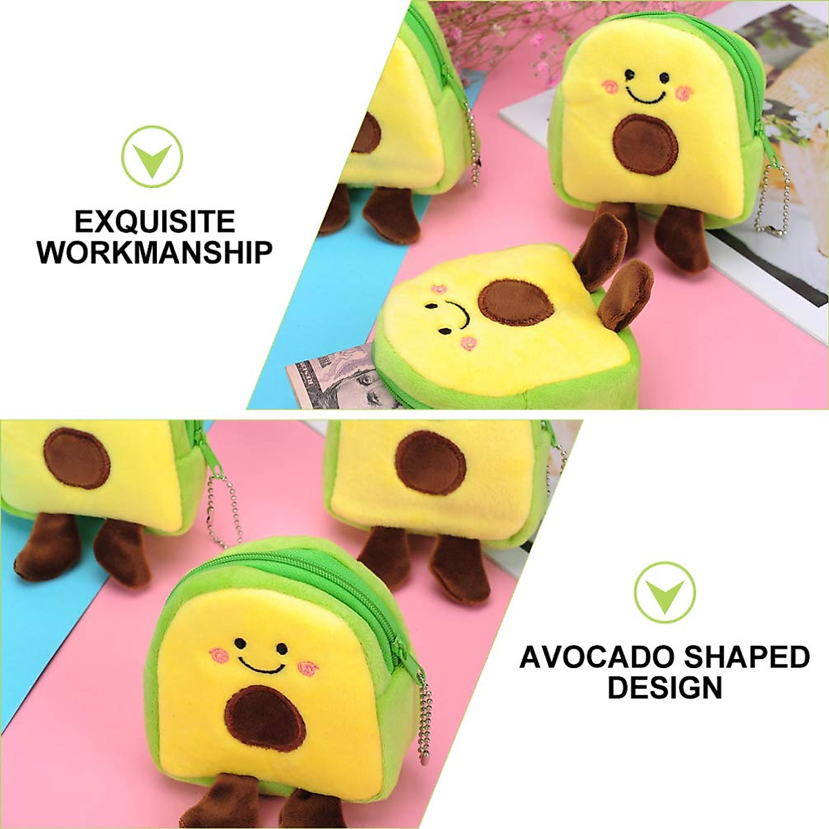 NUOBESTY 4pcs Avocado Plush Purse Wallet Cartoon Fruit Zipper Coin Bag Novelty Handbags Change Purse with Keychain