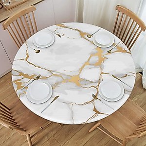 Aiojool White Marble Print Tablecloth Elastic Edged Round Fitted Table Cover Waterproof Table Cloth for Indoor Outdoor Dinning Fit 45'' - 50'' Table, Medium