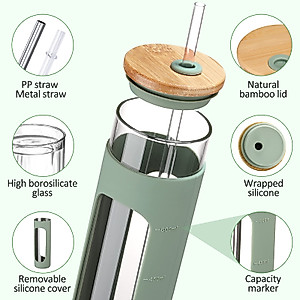 Kodrine 28oz Glass Water Bottles with Straw and Bamboo Lid, Wide Mouth Water Tumbler with Time Marker,Straw Silicone Protective Sleeve BPA FREE-Olive