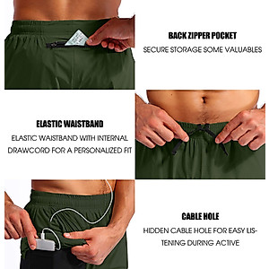 Pudolla Men’s 2 in 1 Running Shorts 5" Quick Dry Gym Athletic Workout Shorts for Men with Phone Pockets(Dark Green Medium)
